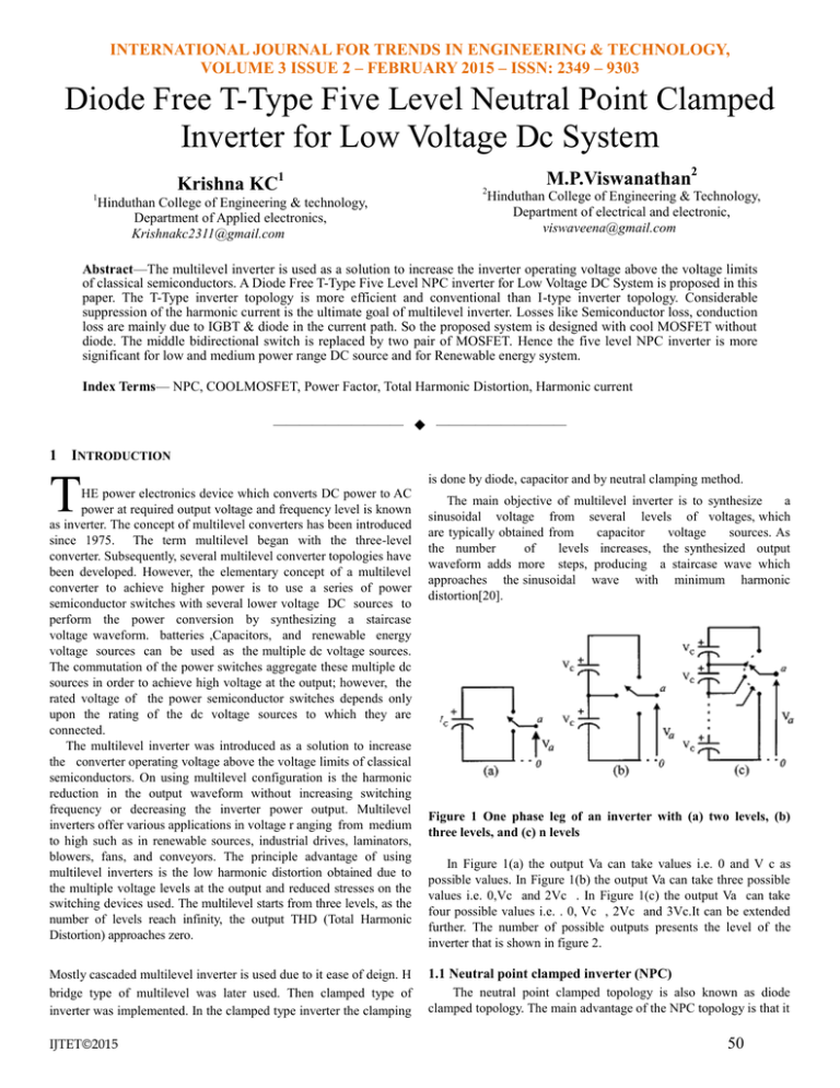 Diode Free T-Type Five Level Neutral Point Clamped Inverter for