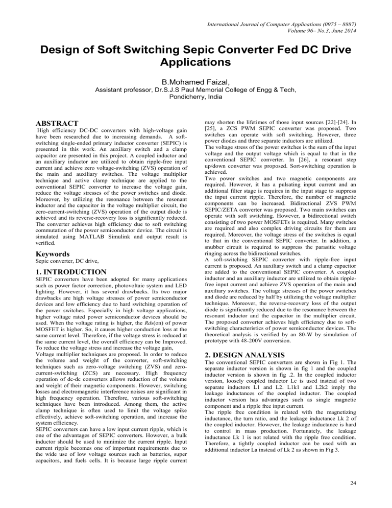 Design of Soft Switching Sepic Converter Fed DC Drive Applications