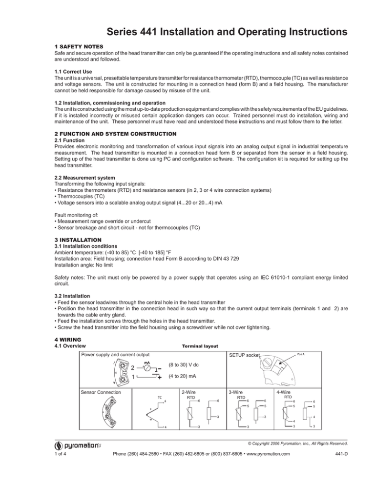 Series 441 Installation and Operating Instructions