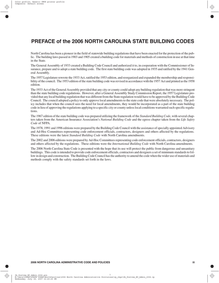 PREFACE Of The 2006 NORTH CAROLINA STATE BUILDING CODES