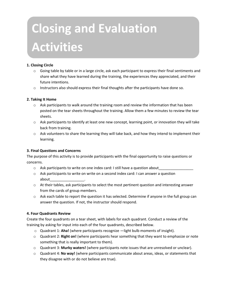 Closing And Evaluation Activities