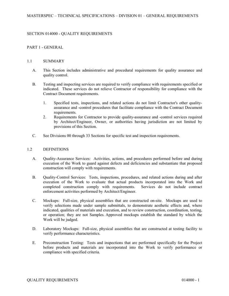 MASTERSPEC TECHNICAL SPECIFICATIONS DIVISION 01