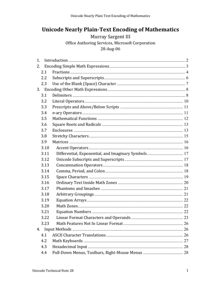 Unicode Plain Text Encoding Of Mathematics