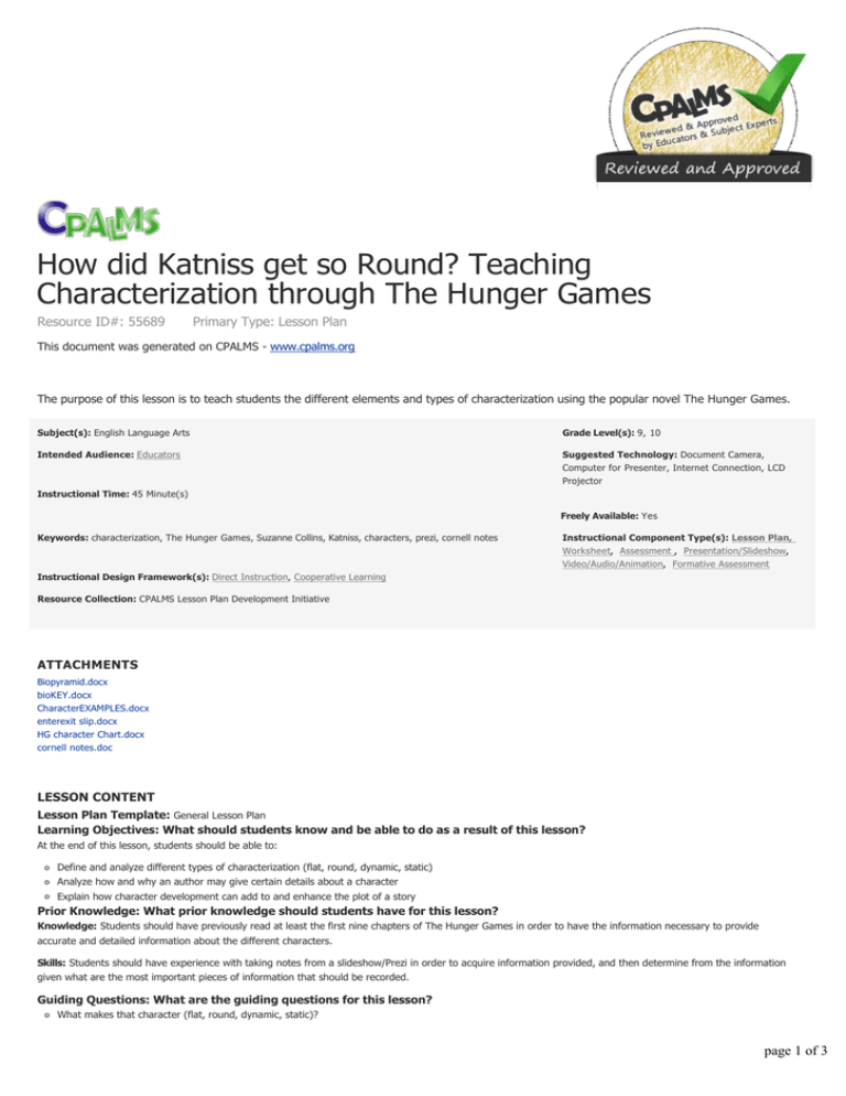Hunger Games Characterization Lesson Plan For High School Hunger Games Characterization Lesson Plan For High School