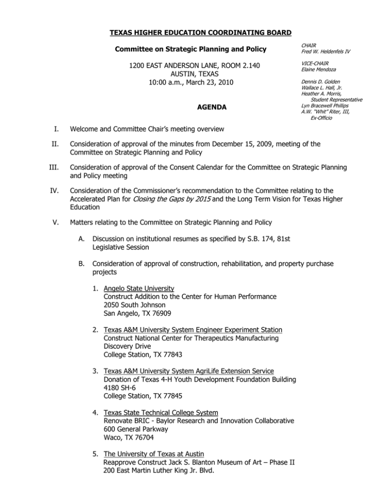 TEXAS HIGHER EDUCATION COORDINATING BOARD Committee