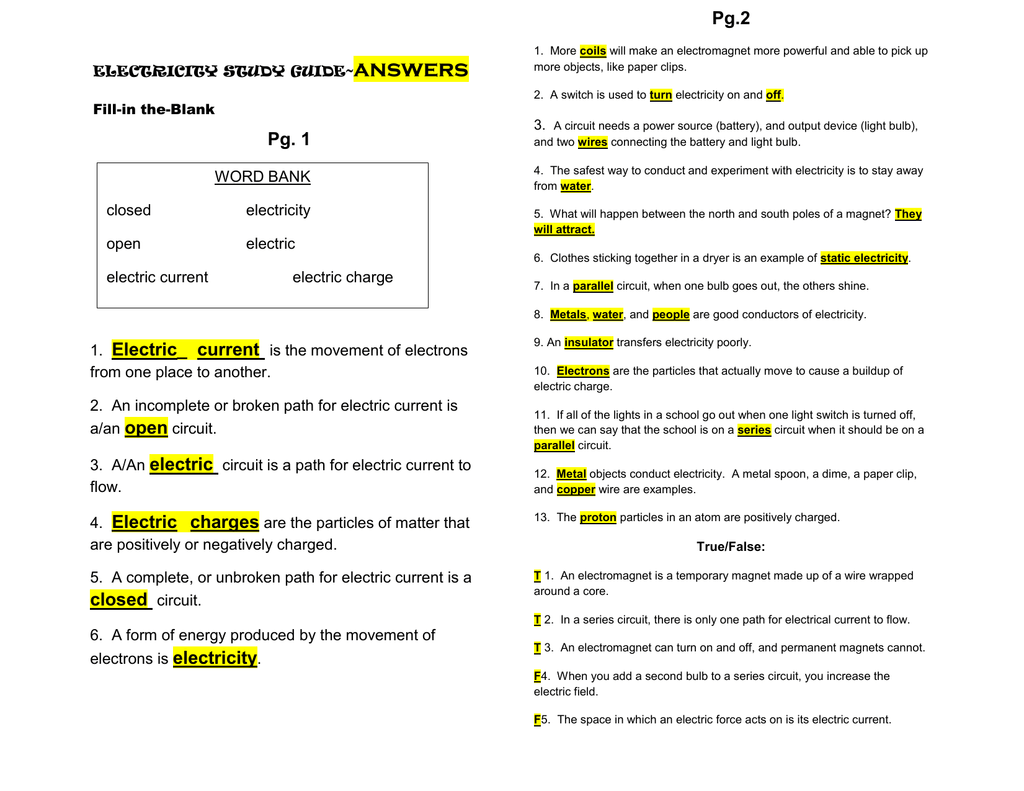 Pdf Electricity Study Guide answer Key