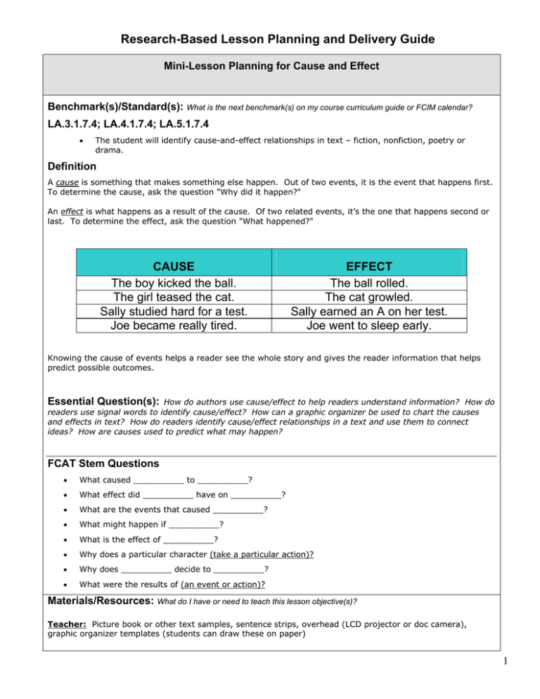 Cause And Effect Mini Lesson Cause And Effect Mini Lesson
