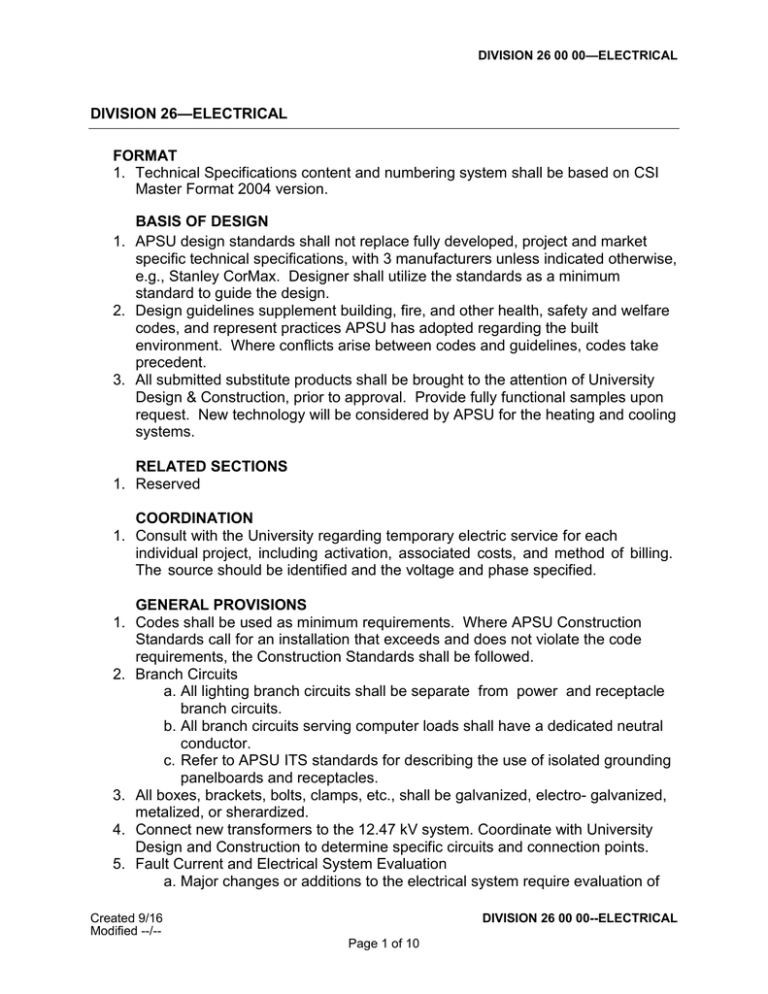 DIVISION 26 ELECTRICAL FORMAT 1 Technical Specifications