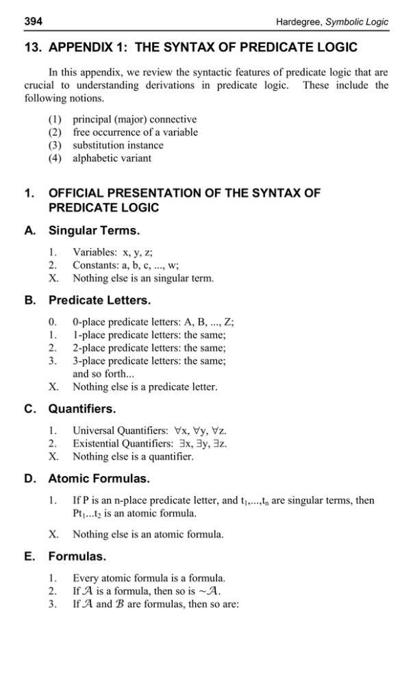 13 APPENDIX 1 THE SYNTAX OF PREDICATE LOGIC