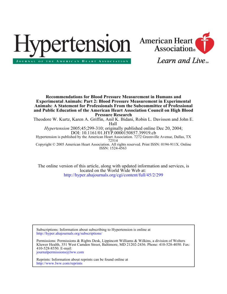 Recommendations For Blood Pressure Measurement In Humans