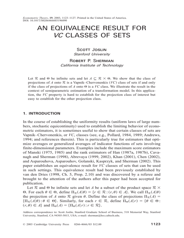 An Equivalence Result For Vc Classes Of Sets Www An Equivalence Result For Vc Classes Of Sets Www