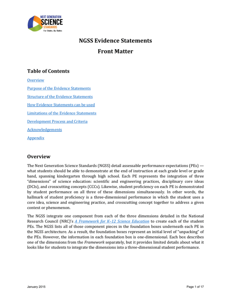 NGSS Evidence Statements Front Matter NGSS Evidence Statements Front Matter