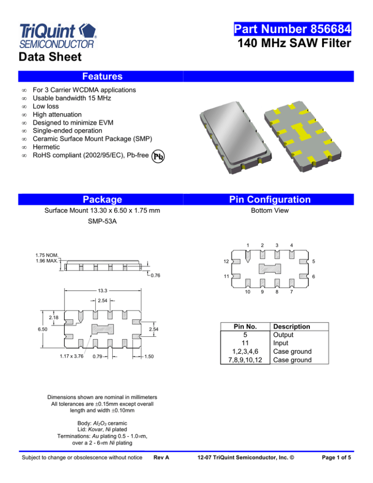 Data Sheet Part Number 856684 140 MHz SAW Filter
