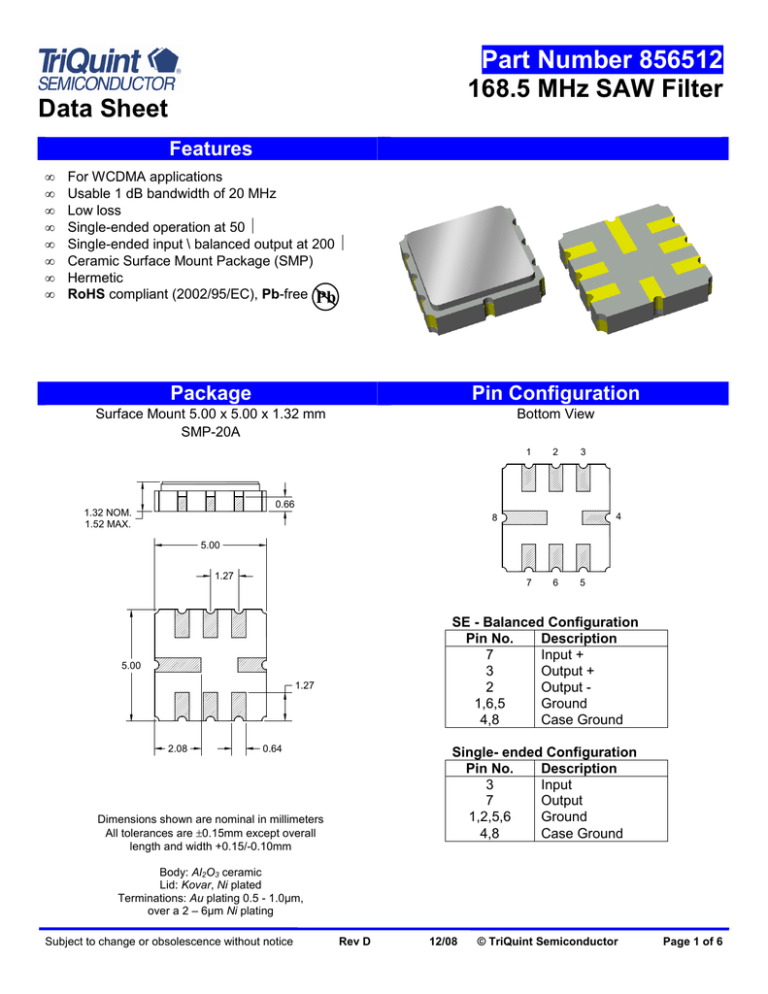 Data Sheet Part Number 856512 168.5 MHz SAW Filter