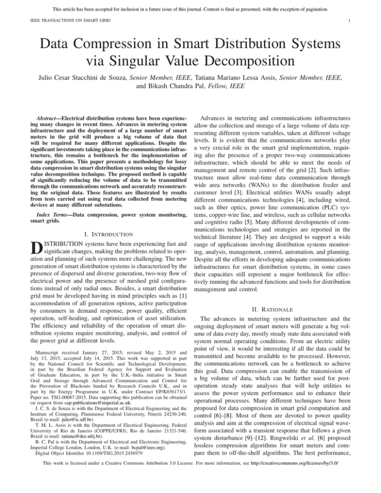 Data Compression In Smart Distribution Systems Via 