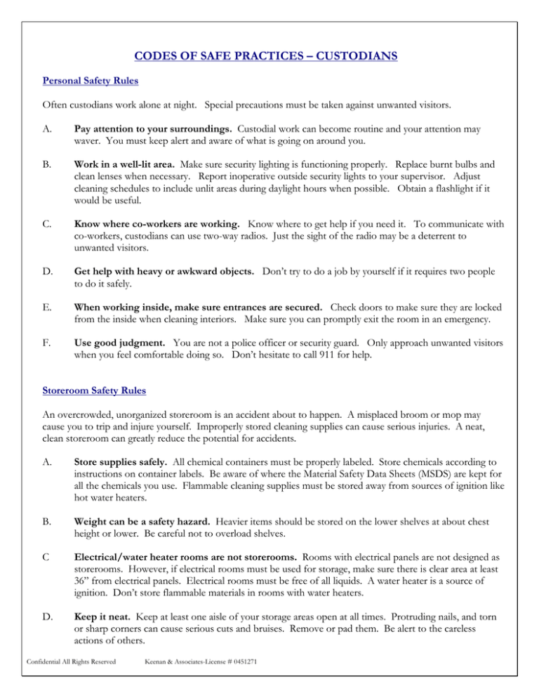CODES OF SAFE PRACTICES CUSTODIANS CODES OF SAFE PRACTICES CUSTODIANS