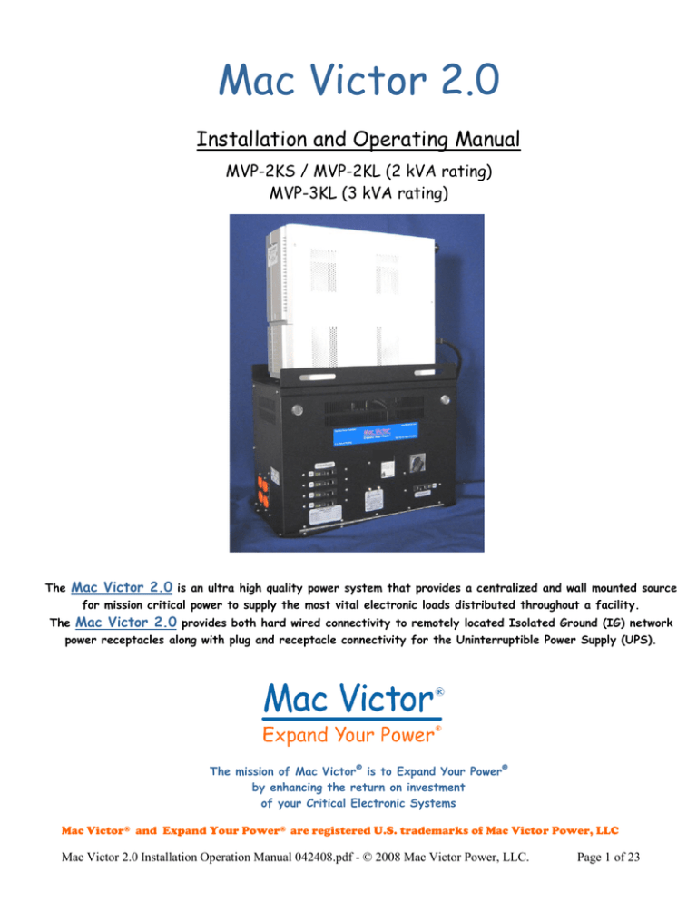 Mac Victor 2.0 Installation / Operation Manual