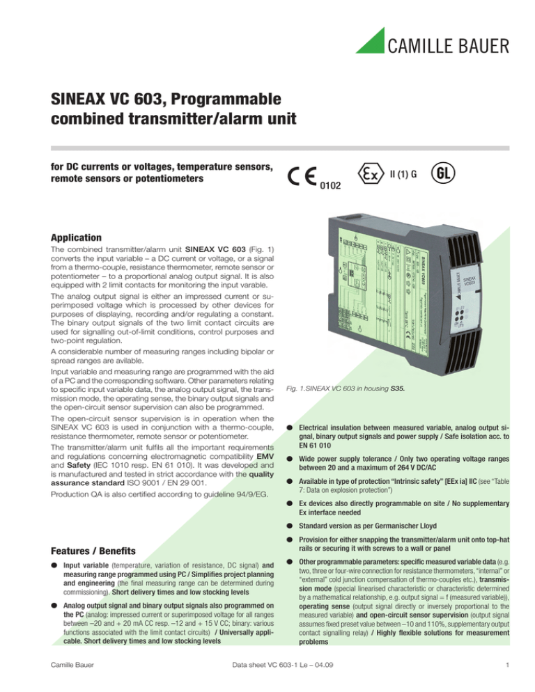 SINEAX VC 603, Programmable combined transmitter/alarm unit