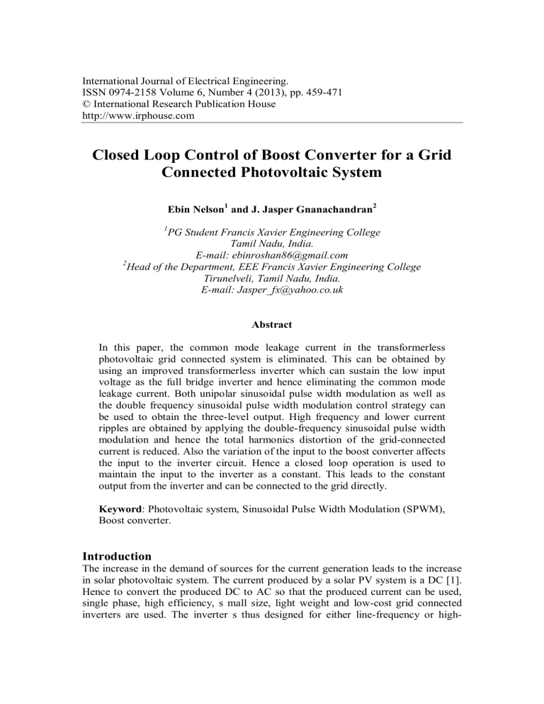 Closed Loop Control of Boost Converter for a Grid Connected
