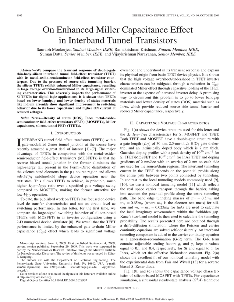 On Enhanced Miller Capacitance Effect in Interband Tunnel