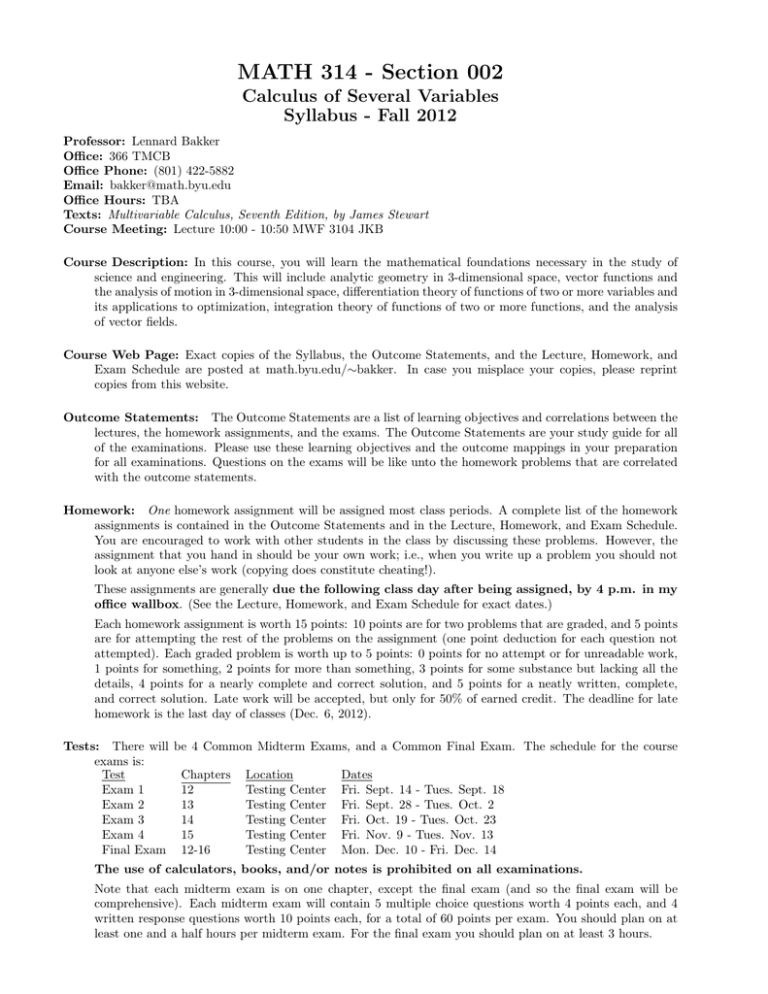 MATH 314 Section 002 Mathematics Department BYU Math MATH 314 Section 002 Mathematics Department BYU Math