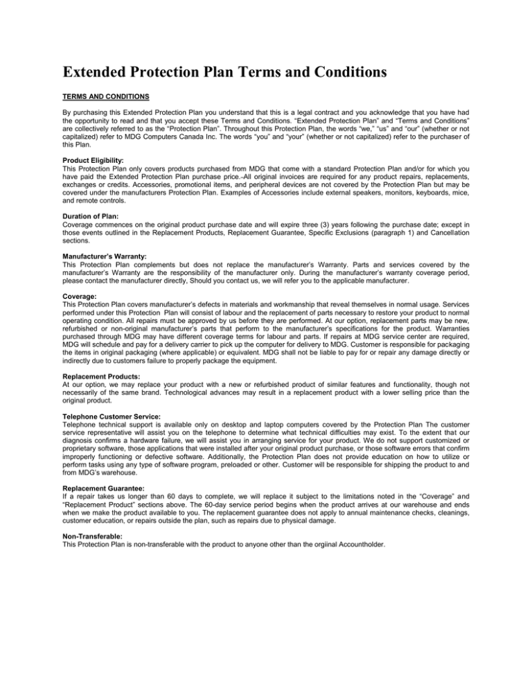Extended Protection Plan Terms And Conditions