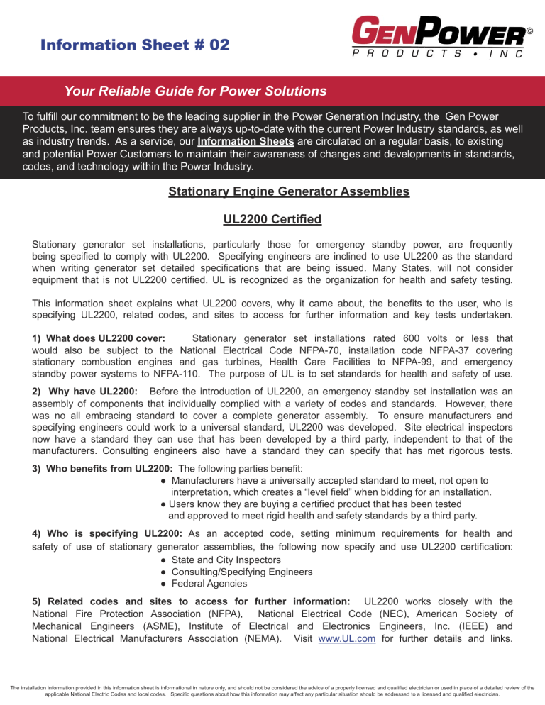 UL2200 Certified Generator Assemblies: Info Sheet
