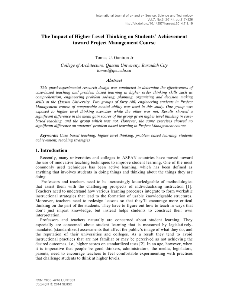 The Impact Of Higher Level Thinking On Students Achievement