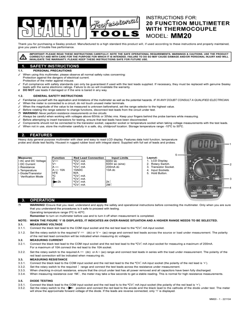 20 function multimeter with thermocouple model: mm20