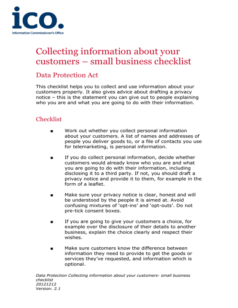 ICO lo Collecting information about your customers – small business