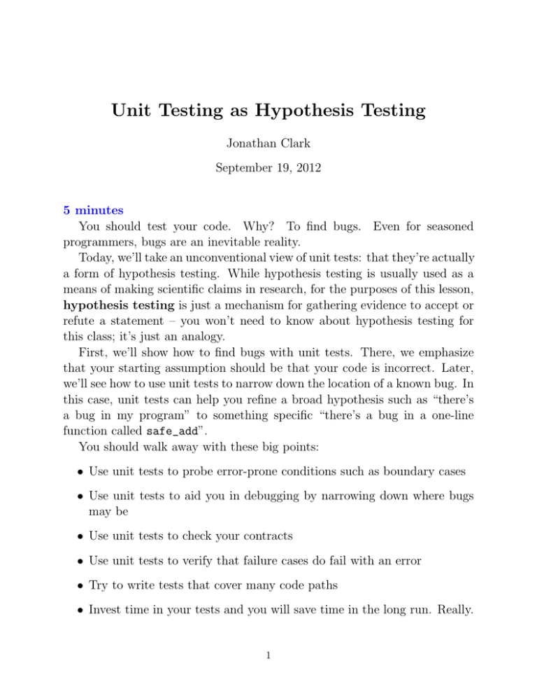 Unit Testing As Hypothesis Testing
