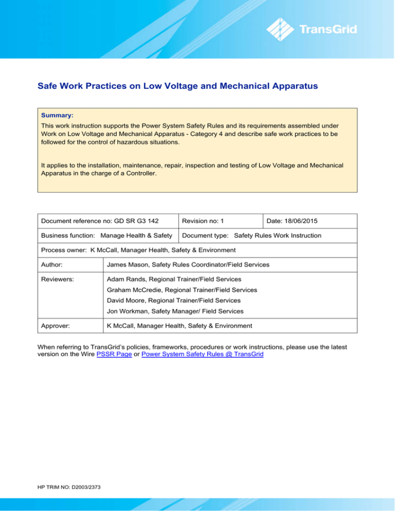 Safe Work Practices on Low Voltage and Mechanical