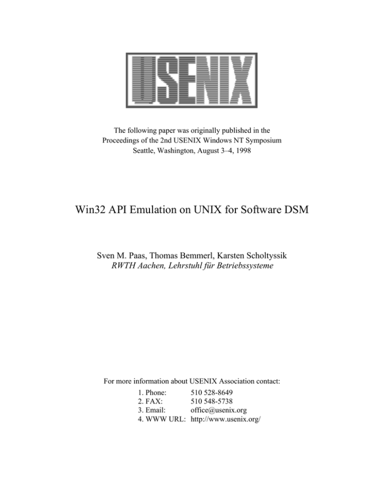 Win32 API Emulation on UNIX for Software DSM