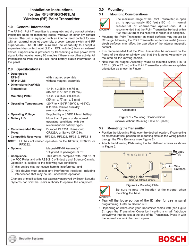 (RF) Point Transmitter Installation Instructions