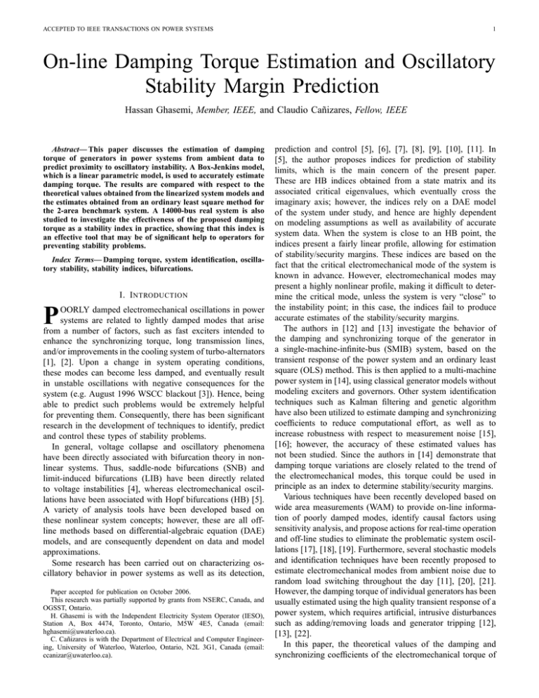 On-line Damping Torque Estimation and Oscillatory Stability Margin