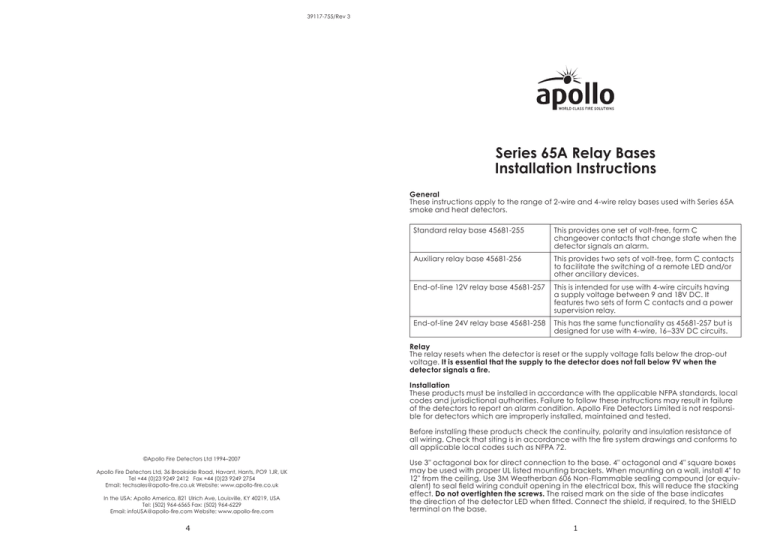 Series 65A Relay Bases - Apollo Fire Detectors Ltd