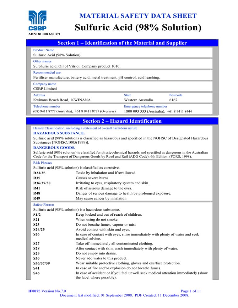 Sulfuric Acid 98 Solution 