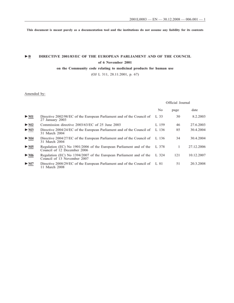 B DIRECTIVE 2001 83 EC OF THE EUROPEAN PARLIAMENT AND