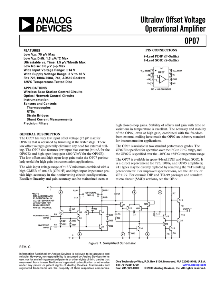 Op07 Ultralow Offset Voltage Operational Amplifier Data Sheet