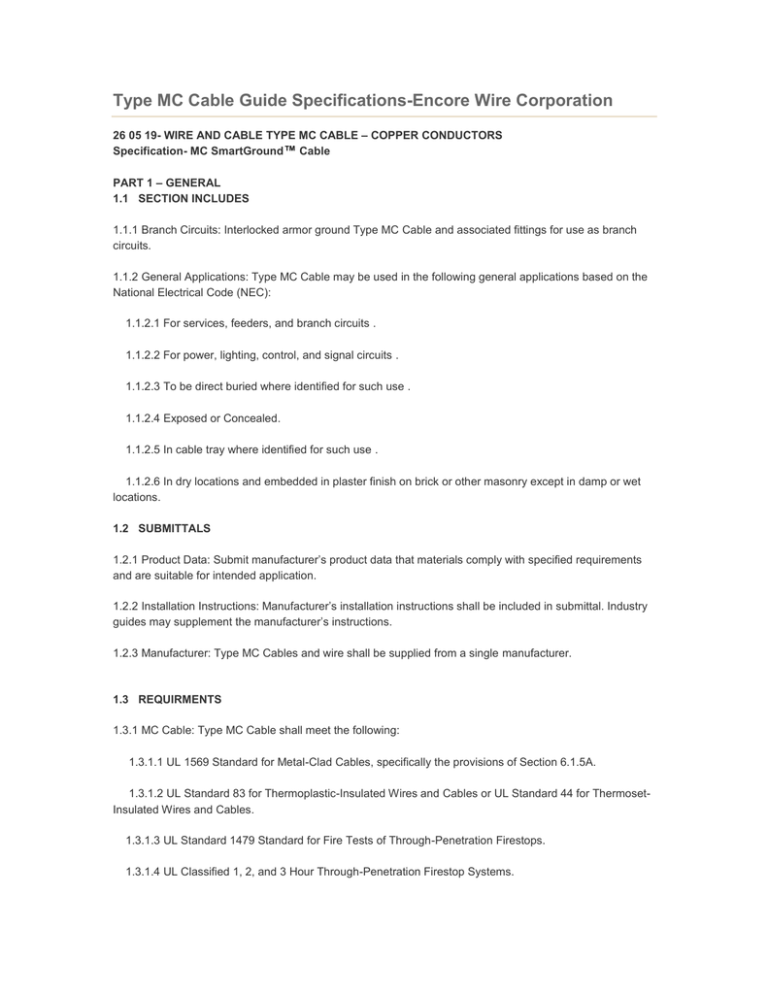 MC SG Cable Specifications