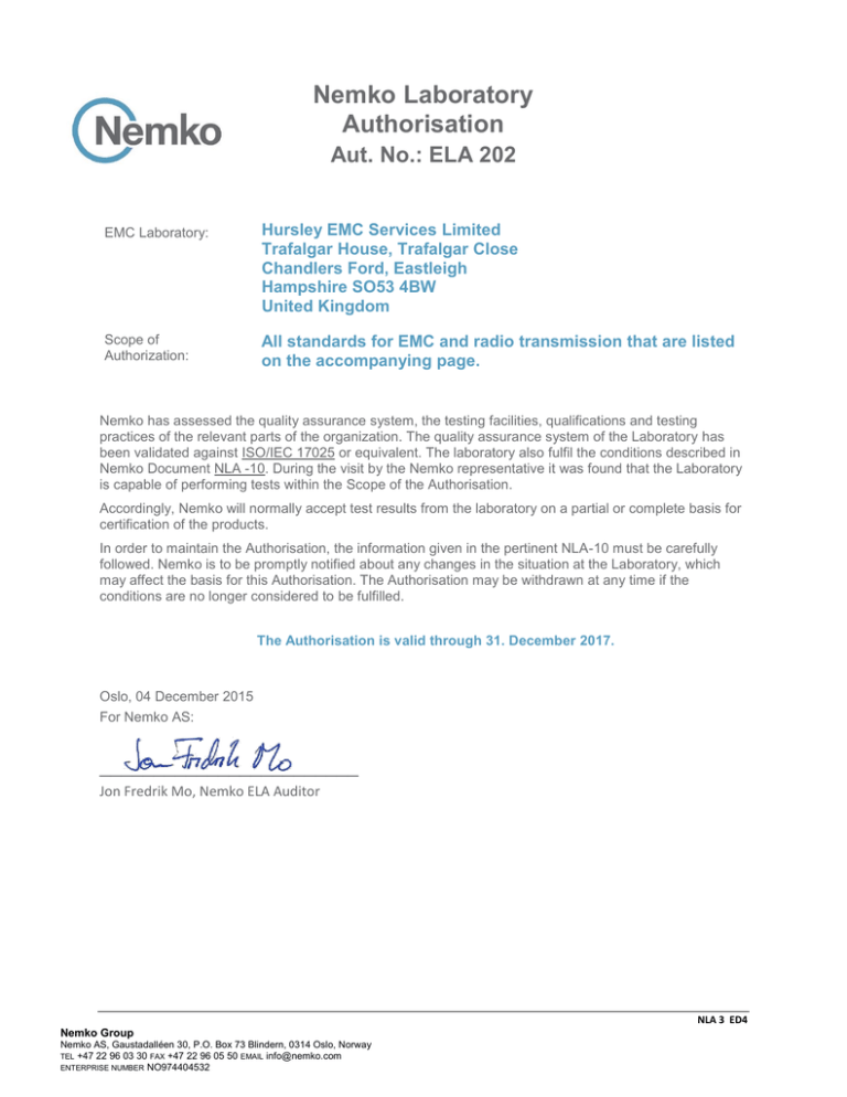 Nemko Laboratory Authorisation