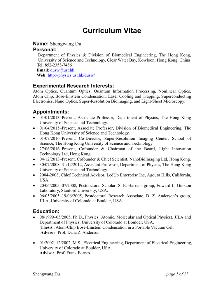 Curriculum Vitae Department Of Physics Curriculum Vitae Department Of Physics