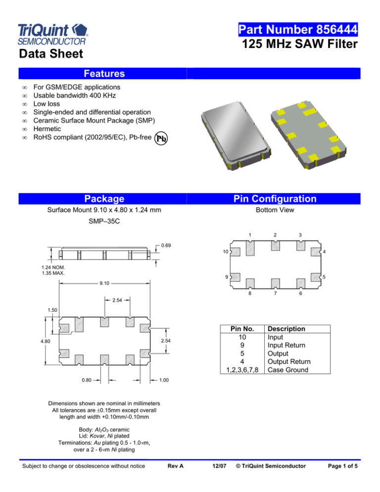 Data Sheet Part Number 856444 125 MHz SAW Filter