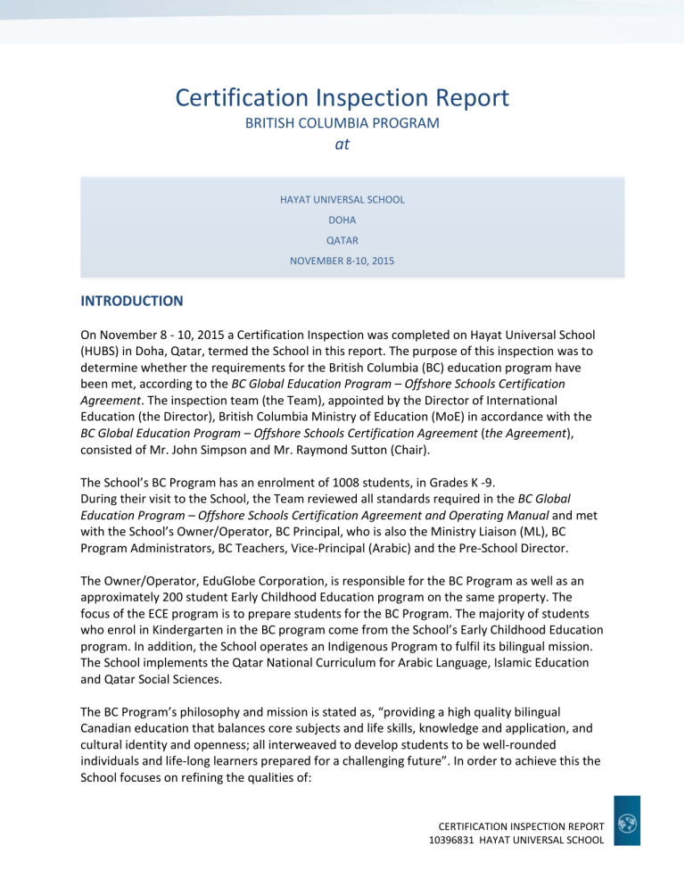 Certification Inspection Report