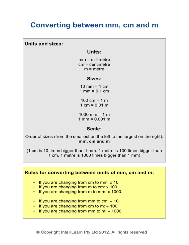 Converting Between Mm Cm And M