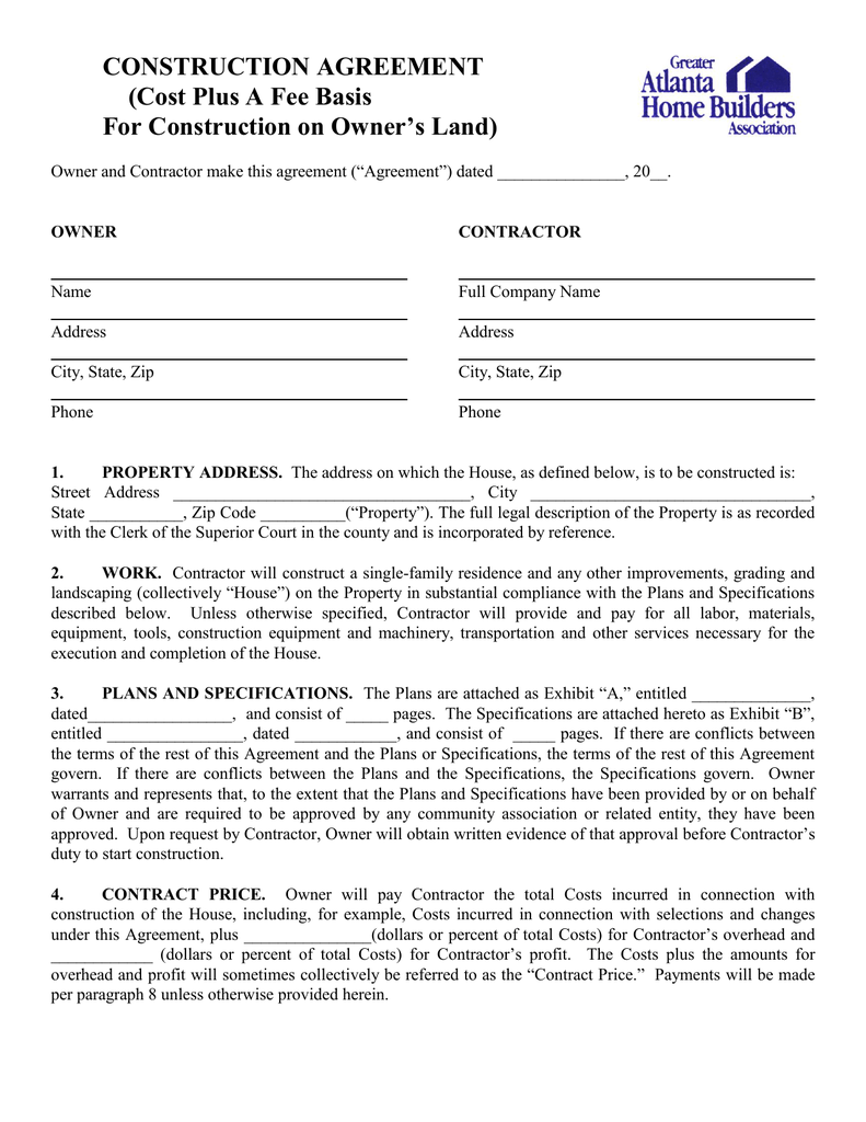 CONSTRUCTION AGREEMENT Cost Plus A Fee Basis For CONSTRUCTION AGREEMENT Cost Plus A Fee Basis For