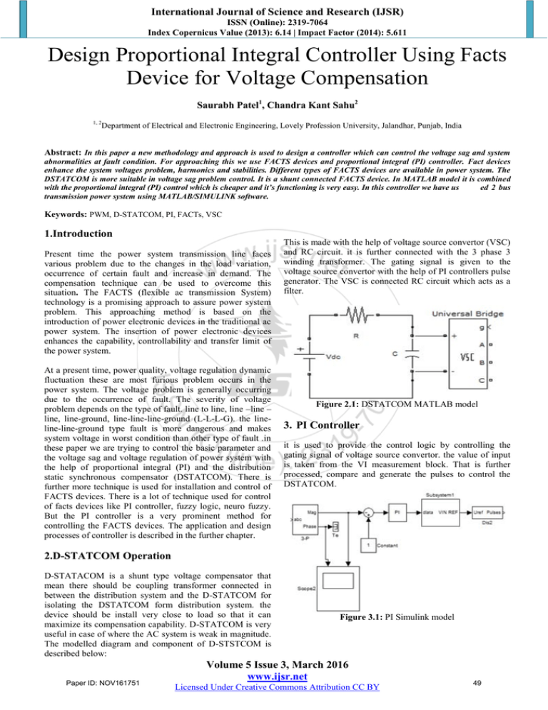 Design Proportional Integral Controller Using Facts Device for