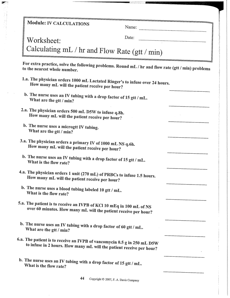 Worksheet Calculating ML Hr And Flow Rate gtt Min Worksheet Calculating ML Hr And Flow Rate gtt Min