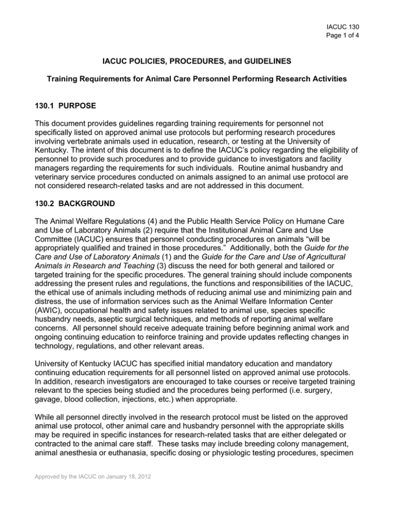 Training Requirements for Animal Care Personnel Performing