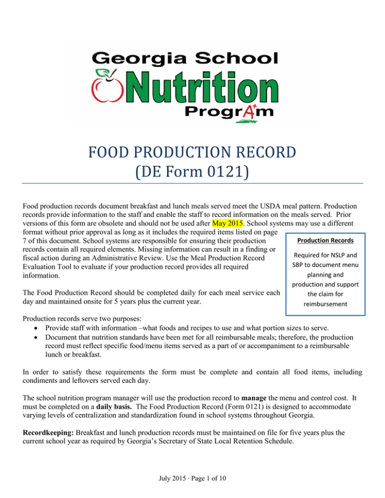 FOOD PRODUCTION RECORD DE Form 0121 